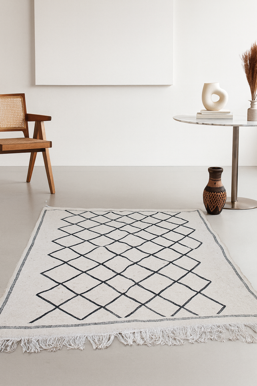 Timhdit Hanbel Kilim – Ivory Lattice Moroccan Wool (230 × 140 cm ...